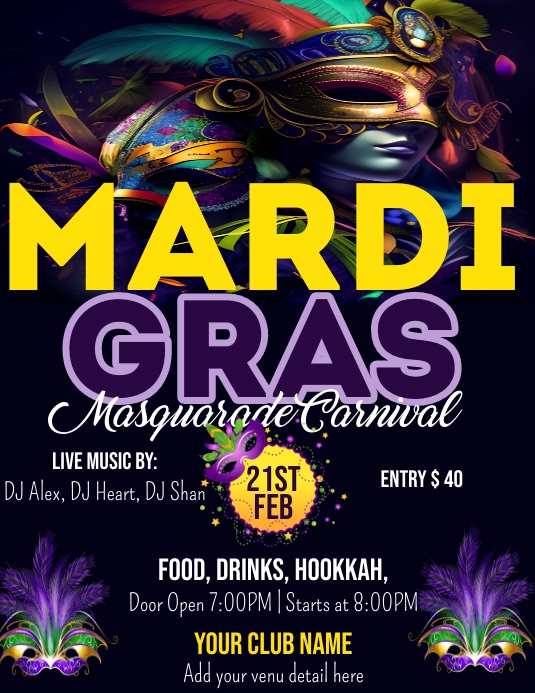 Mardi gras masquerade party invitation Template | PosterMyWall