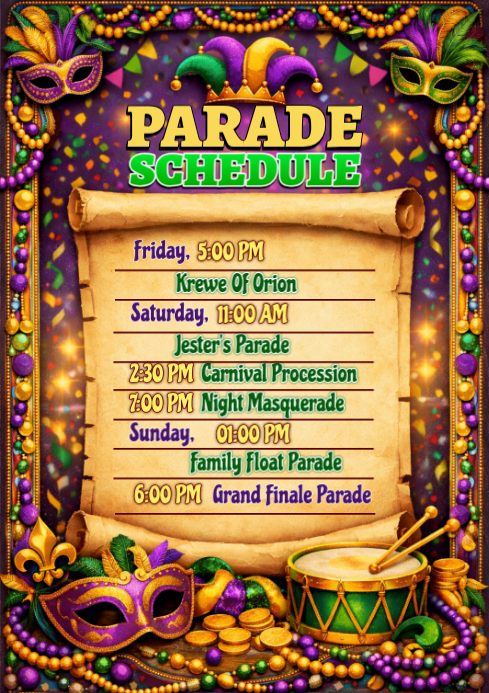 Mardi Gras Parade Schedule: Join the Fun Template | PosterMyWall