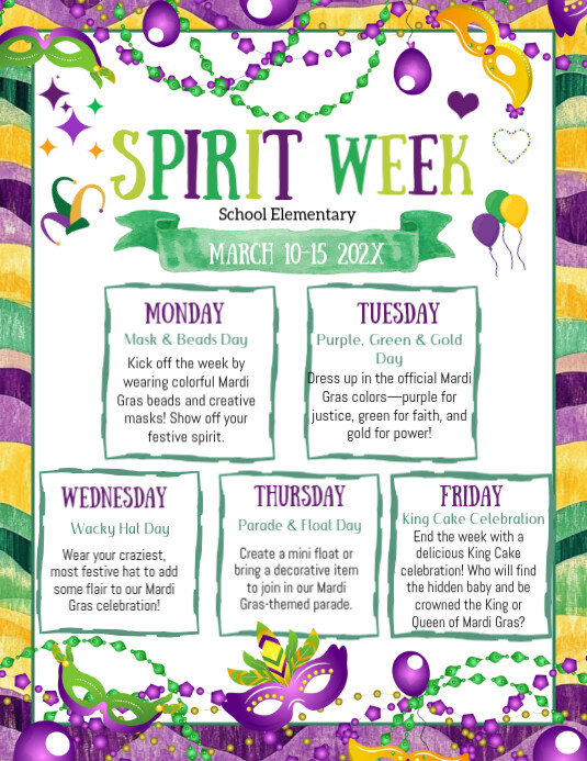 Mardi Gras Teacher Appreciation Week Itinerary Template | PosterMyWall