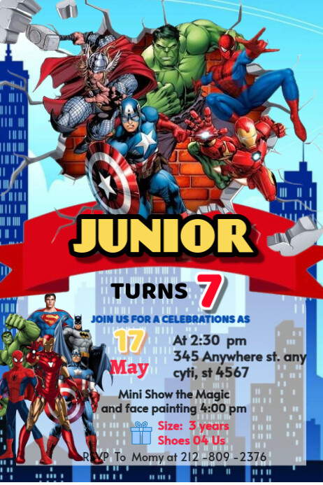 Marvel super Heroe invitation Brithday party temple flayer editablet ...