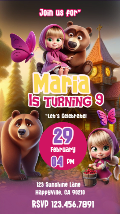 MASHA AND BEAR INVITATION Template | PosterMyWall