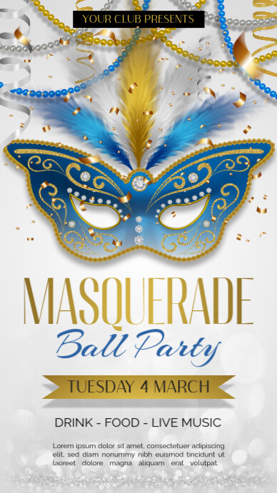masquerade ball party flyer with mask, beads and streamers Template ...