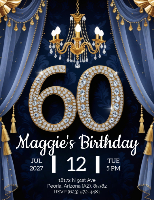 Maximalist Blue Gold Curtain Chandelier 60th birthday invitation ...