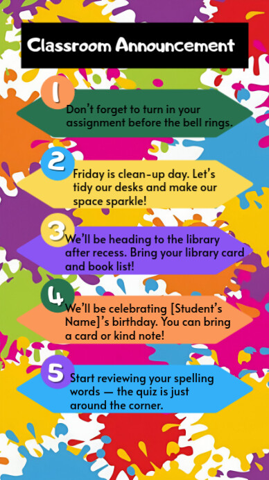 Maximalist Classroom Announcements Instagram Story Template | PosterMyWall