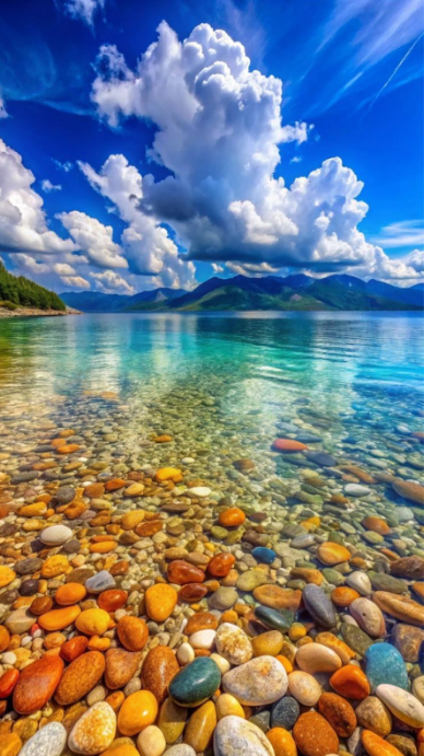 Maximalist Crystal Shoreline | Colorful Pebbles Under Clear Blue Sky ...