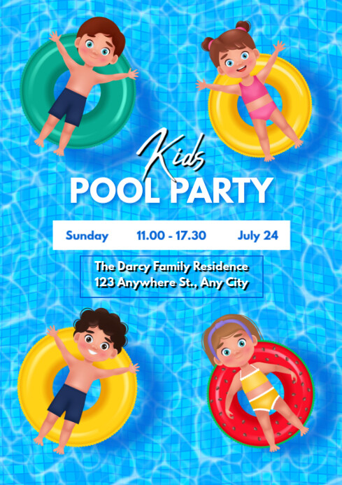 Maximalist Kids Pool Party Club Advertisement Flyer Template Design A4 ...