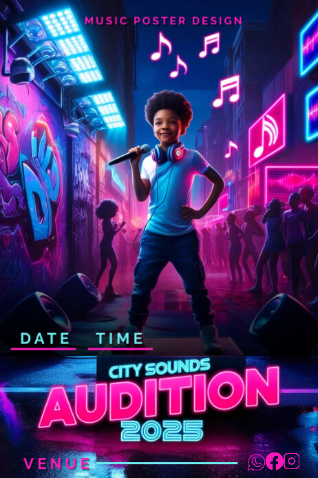 Maximalist Neon Urban Music Audition Poster Template | PosterMyWall