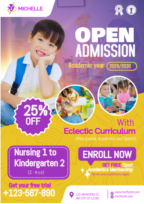 Plantilla de Maximalist Purple And Yellow School Open Admission Poster ...