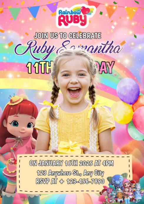 Maximalist Rainbow Ruby Birthday Invitation A4 Template | PosterMyWall