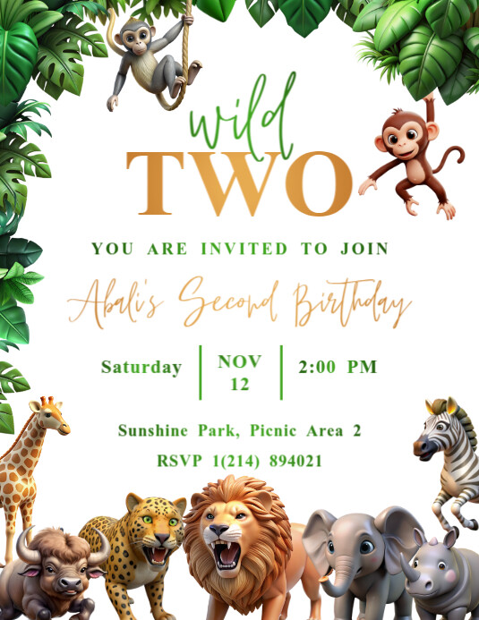 Plantilla de Maximalist Safari Second Birthday Evite Flyer (us Letter ...