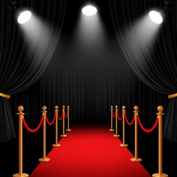 Maximalist Spotlighted Red Carpet Entrance With Black Curtains ...