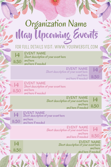 May Events Watercolor Floral Calendar Template | PosterMyWall