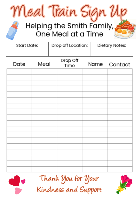 Meal Train Sign Up Sheet Printable Template | PosterMyWall
