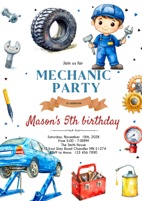 Mechanic Birthday party Invitation Template | PosterMyWall