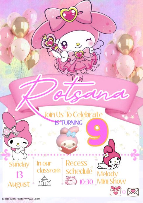 Copy of Melody Pink White Invitation Melody Happy Brithday Celebration ...