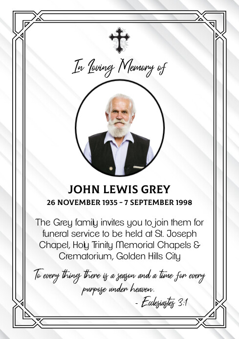 Memorial Announcement Funeral Service Invite Template | PosterMyWall