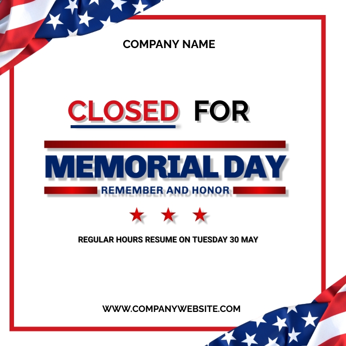 Plantilla de Memorial Day Closed Notice Template | PosterMyWall