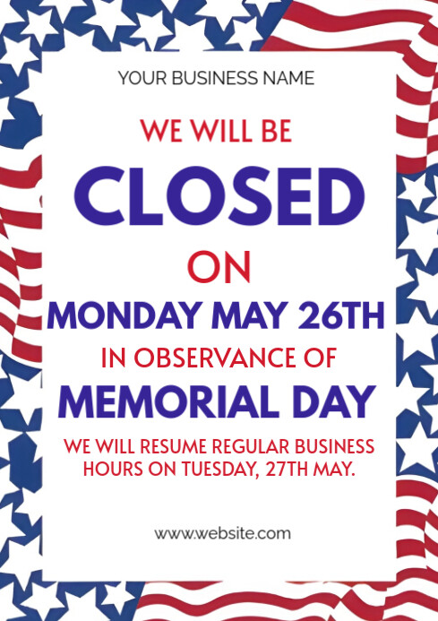Memorial Day Closed Post A4 Template | PosterMyWall