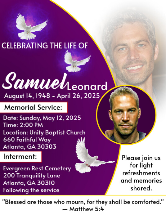 Memorial Funeral Announcement Flyer, Funeral Template | PosterMyWall