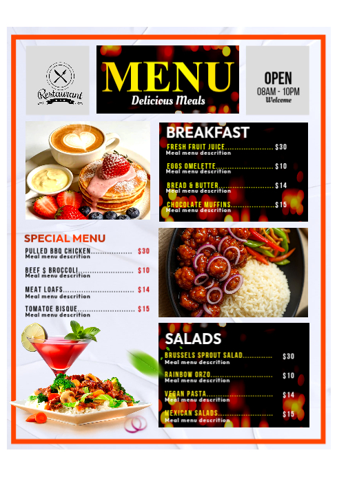 Menu Restaurant Food List Brakfast Lunch Dinner Editable Printable ...