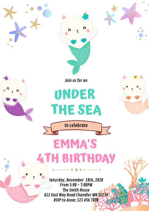 Mercat mermaid cat birthday invitation Template | PosterMyWall