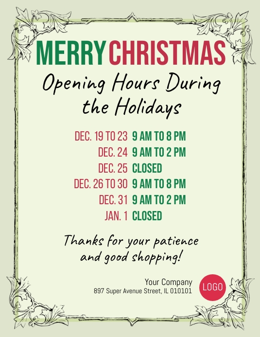 Merry Christmas Opening Hours Sign Template PosterMyWall Merry Christmas Opening Hours Sign Template PosterMyWall