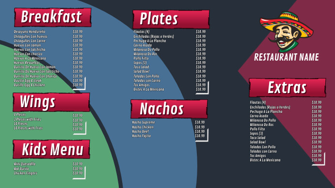 Mexican Restaurant Digital Menu Display Templat | PosterMyWall