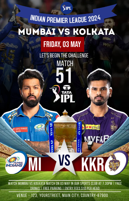 Mi vs kkr pl match Poster Template | PosterMyWall