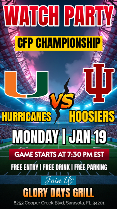 Miami Hurricanes Vs Indiana Hoosiers College Football 2026 Watch Party ...