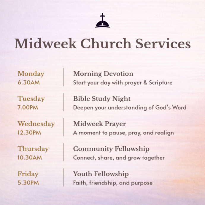 Copy of Midweek Church Services Schedule Flyer Weekly Prayer Bible ...