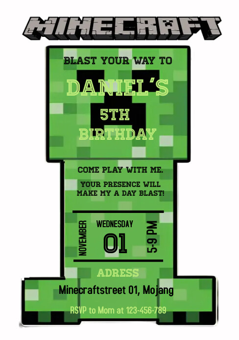 Minecraft green creeper birthday invitations Template | PosterMyWall