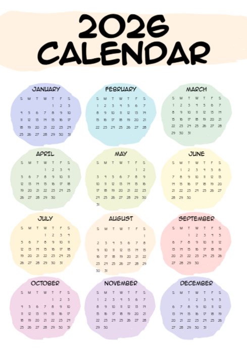 Minimal Colorful Paintbrush 2025 Calendar A4 Templat | PosterMyWall