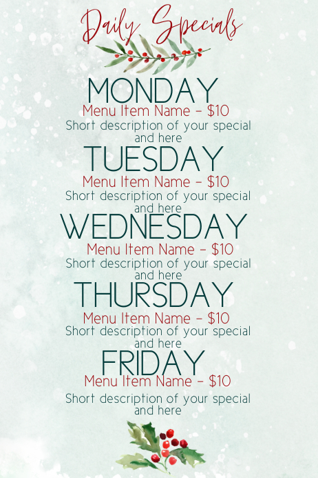 Minimal Holiday Daily Specials Menu Template | PosterMyWall