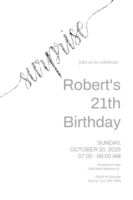 Minimalist silver surprise birthday invitatio Template | PosterMyWall