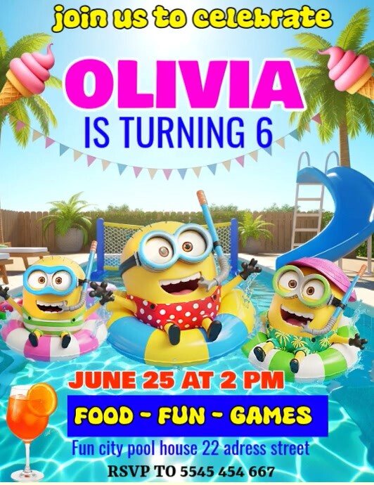 Minion pool party birthday invitation Template | PosterMyWall
