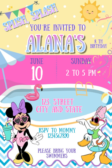 Plantilla de Minnie and Daisy Duck Pool Party invitation | PosterMyWall