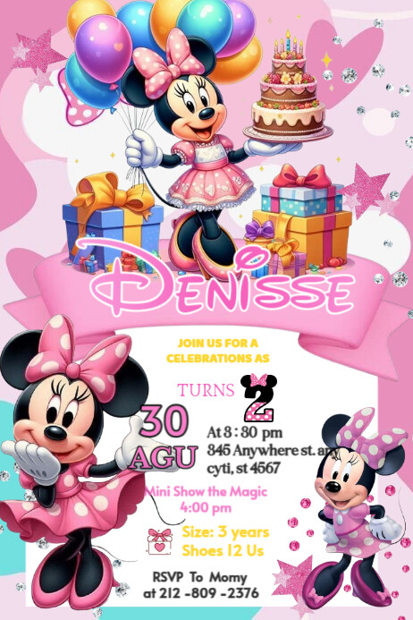 Copy of minnie mouse invitation Brithday party temple flayer editablet ...