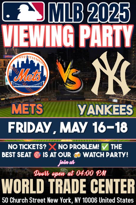 Mlb 2025 Mets Vs Yankees Watch Party Poster Template | PosterMyWall