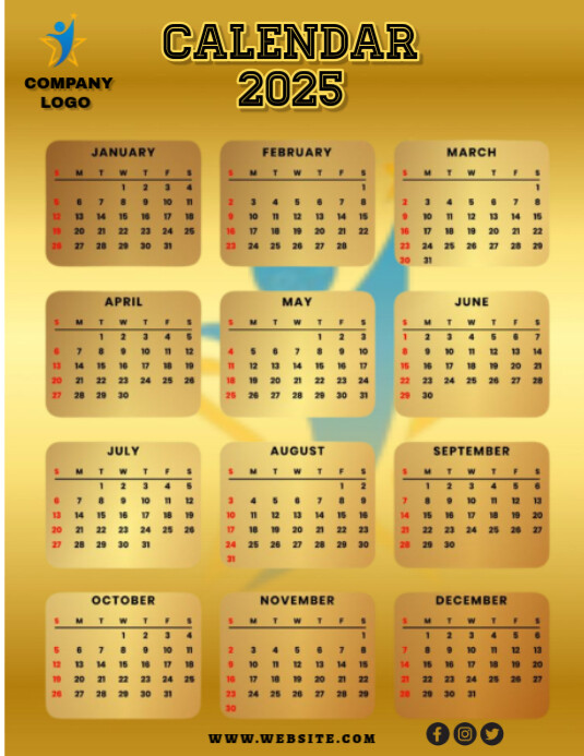 Modern & Minimal Elegant Gold 2025 Yearly Calendar Template Flyer (us ...