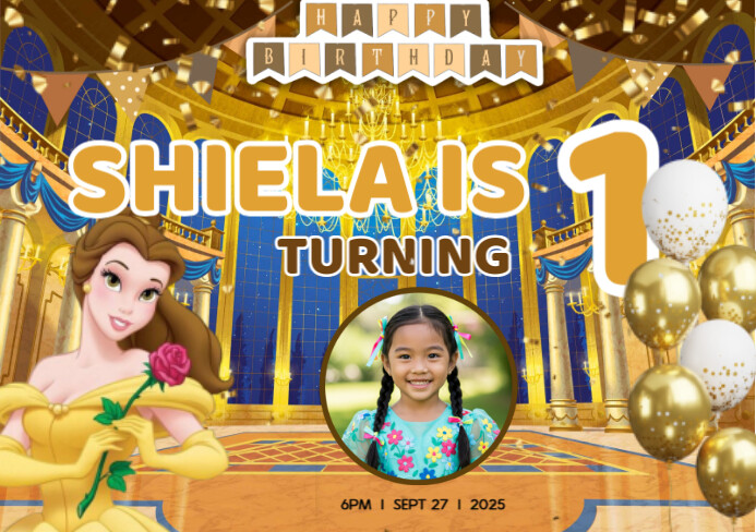 Copy of Modern & Minimal Gold Belle Princess 1st Birthday Invitation A5 ...