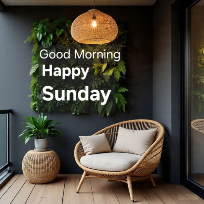 Modern & Minimal Good Morning Happy Sunday Quote | Cozy Balcony Nature ...