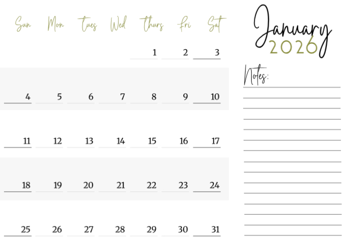 Modern & Minimal January 2026 Calendar Template Printable A4 | PosterMyWall