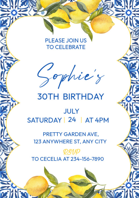 Modern & Minimal Mediterranean Birthday Party Blue Tiles And Lemon ...