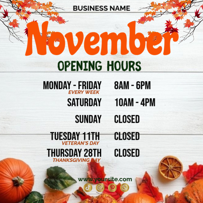 Modern & Minimal November Opening Hours Announcement Video Flyer/poster ...