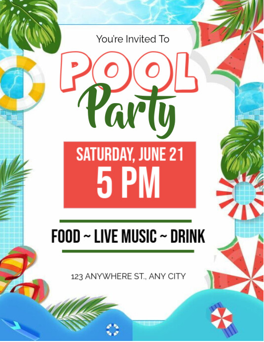 Modern & Minimal Pool Party Invitation Flyer (us Letter) Template ...