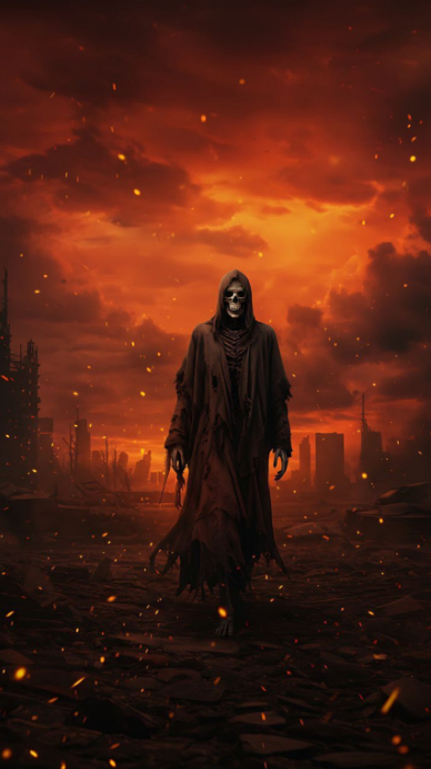 Modern & Minimal Apocalyptic Reaper – Fiery Horror Background Digital ...