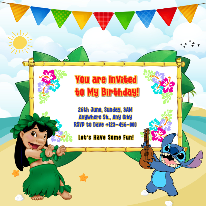 modern and minimal aloha lilo and stitch birthday invitation card ...