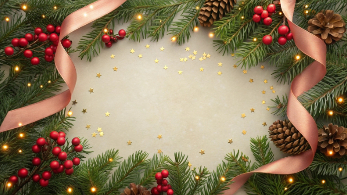 Modern Holiday Background with Pine Branches, Red Ribbon, and Golden ...