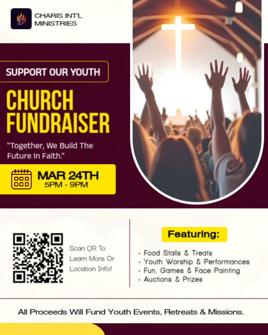 Plantilla de Modern Maroon Youth Ministry Fundraiser & Worship Event ...