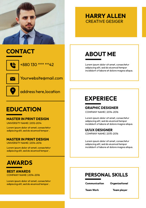 Plantilla de Modern yellow cv template | PosterMyWall